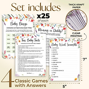 WOODAMORE Wildflower Baby Shower Games for Girl - Baby in Bloom Baby Shower Games Funny, Baby Shower Bingo Game, Floral Baby Bingo for Baby Shower Girl, Mommy Or Daddy Game, Baby Shower Word Scramble