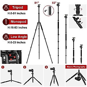 Tripod for Camera, 81" Camera Tripod Stand, 83 inches DSLR Tripods & Monopods, Heavy Duty Travel Tripod for Binoculars Laser Level Spotting Scope Telescope, Professional Complete Tripod Units