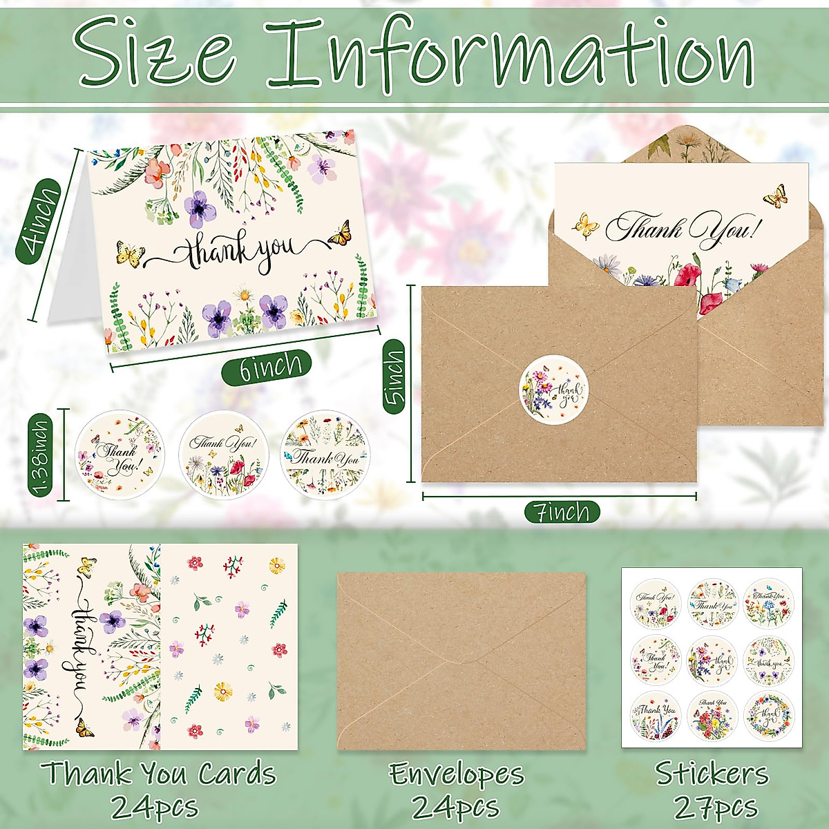 Anvin Thank You Cards 24 Pcs with Kraft Envelopes and Stickers Wildflower Design Blank Note Cards for Wedding, Business, Baby Shower, Funeral, Graduation, Bridal Shower (4x6 Inch)