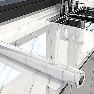 PeonyQueen Glossy Marble Contact Paper White Peel and Stick Wallpaper Marble Wallpaper Self-Adhesive Removable 15.7″x78.7″ Marble Contact Paper for Cabinets Vinyl Bathroom Waterproof Wallpaper