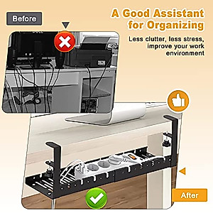 Under Desk Cable Management Tray, Adjustable Cord Organizer for Desk, Sturdy Wire Management Under Desk, Cable Organizer for Office and Home Standing Desk Retractable Design No Drills,Black