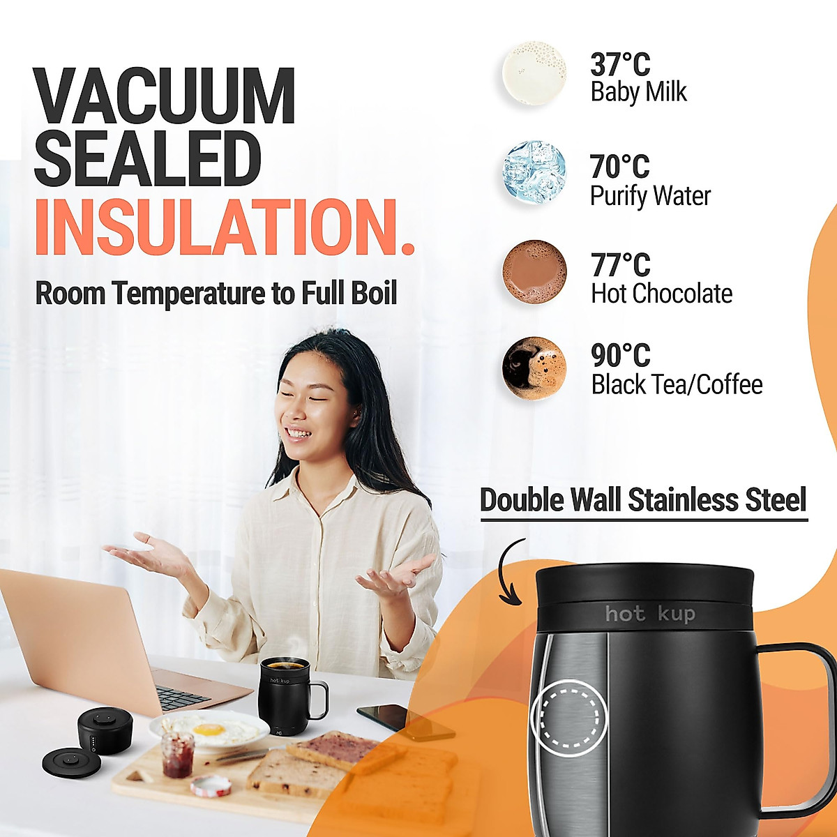 HOT KUP Heated Coffee Mug 14oz Temperature Controlled Smart Cup Black