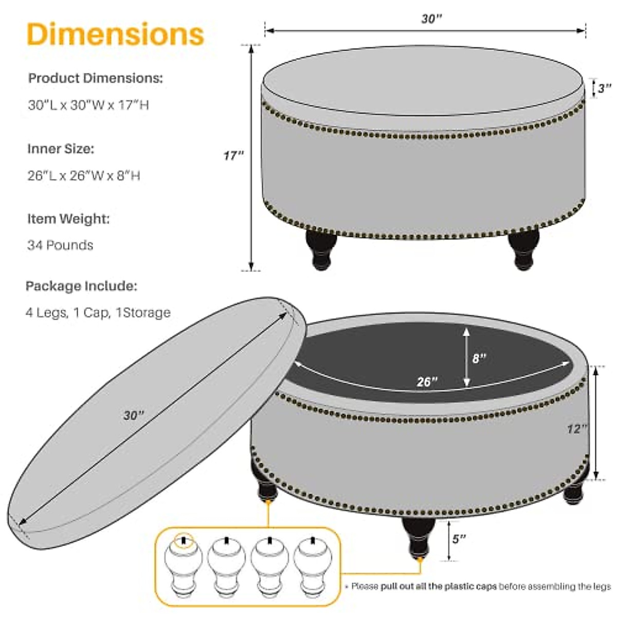 Nathaniel Home Upholstered 30" Round Storage Vegan Leather Ottoman, Leather Button Tufted Ottoman with Fabric Removable Lid, Bench with Wood Legs, Light Brown/Dark Brown