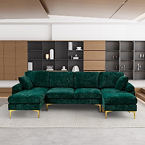 OUYESSIR U-Shaped Sectional Sofa for Living Room, 4 Seat Velvet Sofa Set Convertible L-Shaped Couch Set with Chaise Lounge, Ottoman and Pillows,114 inches (Emerald Green)