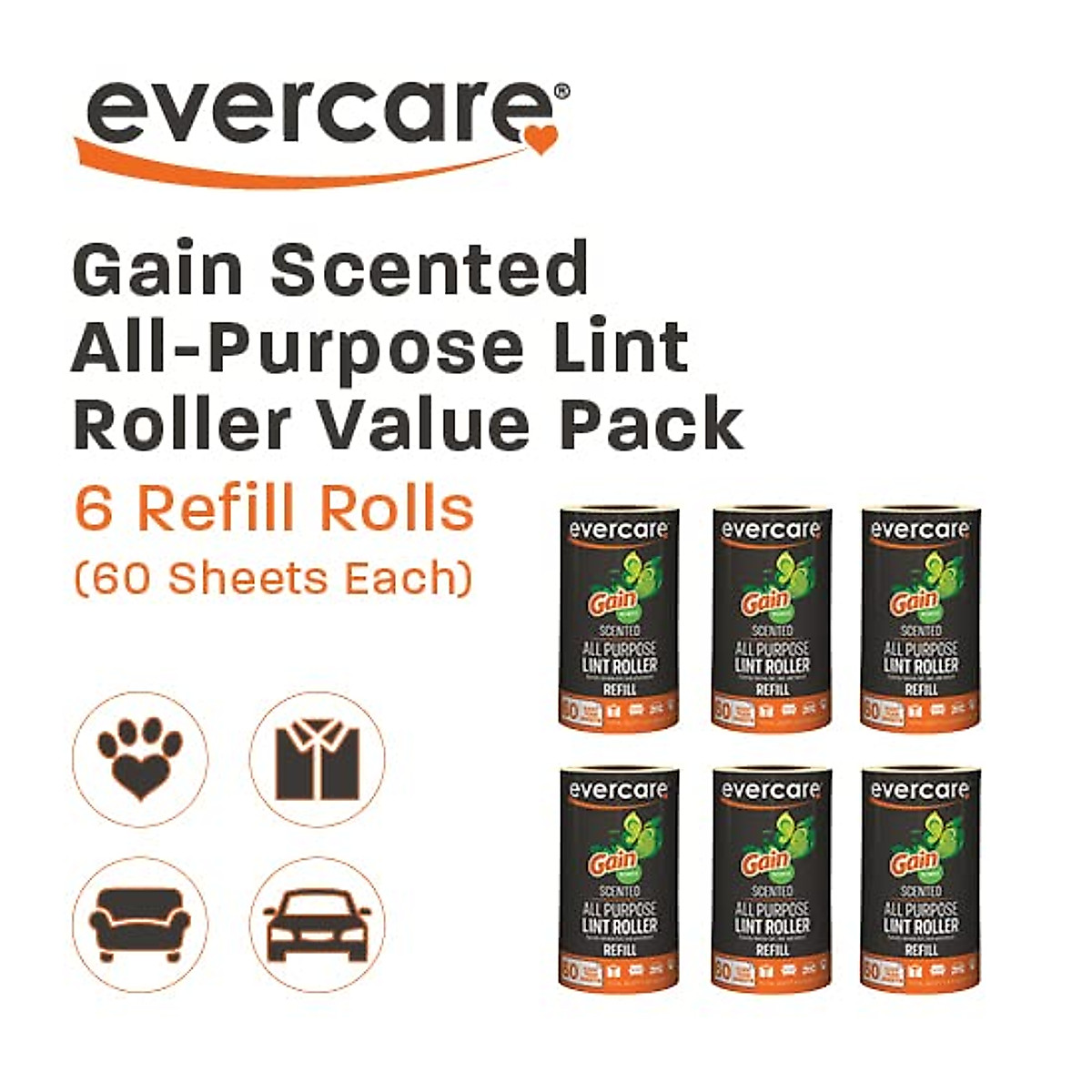 Evercare Pack of 6 Gain Scented All-Purpose Lint Roller Refill Rolls, 60 Sheets Each Multicolor