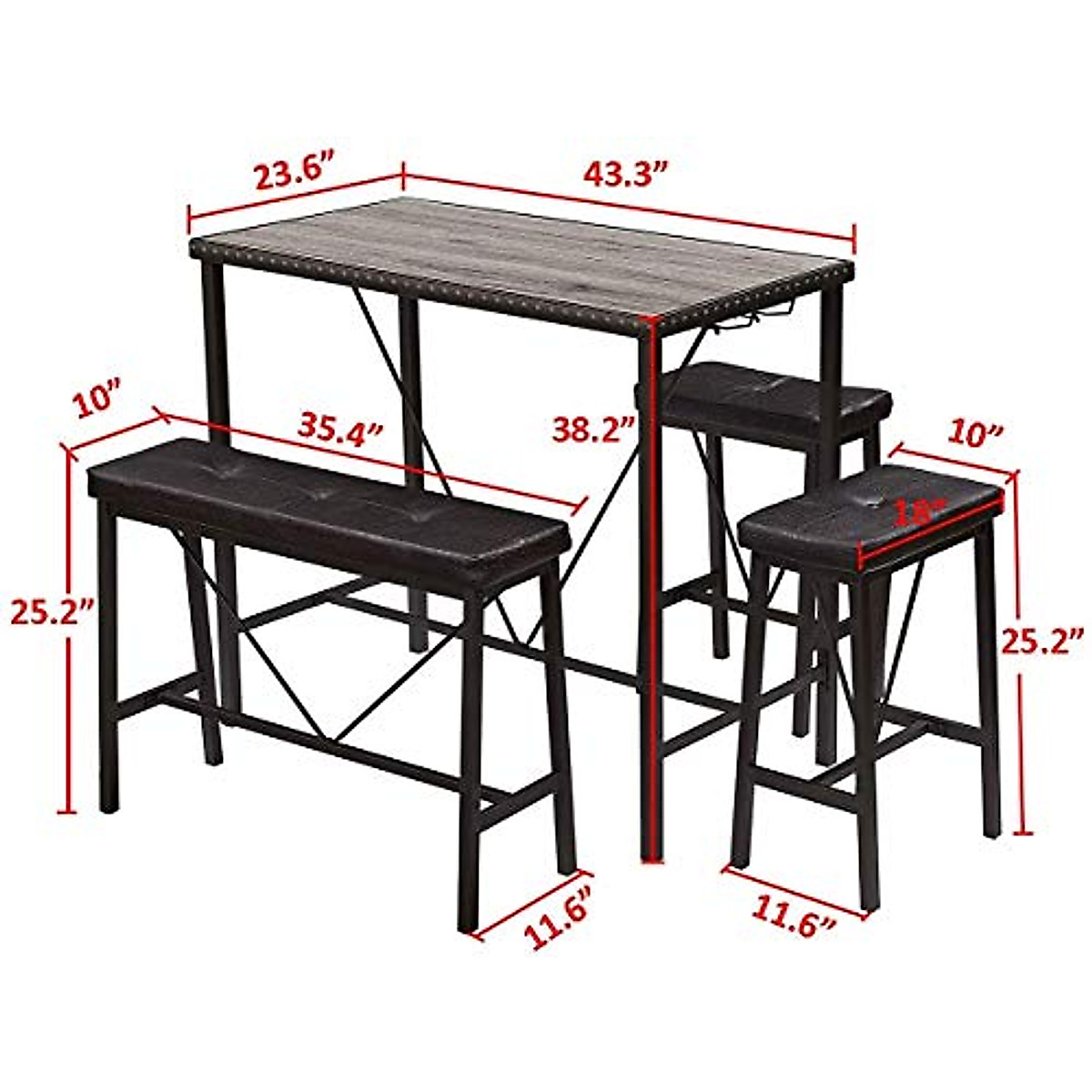 O&K FURNITURE Bar Table and Chairs Set of 4, Industrial Dining Table Set with Glass Holder, Kitchen Table with Upholstered Bench and Stools, Counter Height Pub Table Set for Small Space(Gray)