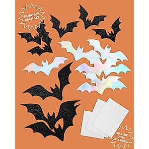 xo, Fetti Halloween Bat Wall Decor - 50 pcs. | Spooky Season Decoration, Haunted House Party Signs, Adhesive Bat Decor, Black and Silver Backdrop