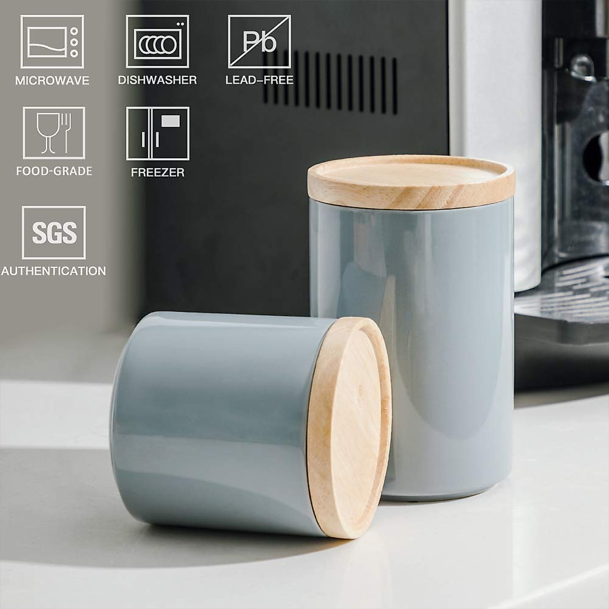 Sweejar Kitchen Canisters Ceramic Food Storage Jar, Stackable Containers with Airtight Seal Wooden Lid for Serving Ground Coffee, Tea, Sugar, Salt and More - 16 Fl Oz (Gray)