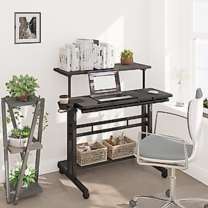 Panta Mobile Standing Desk, Adjustable Rolling Computer Desk with 3 Desktops, Portable Laptop Table with Desk Cup Holder, Home Office Laptop Workstation on Lockable Wheels, Black