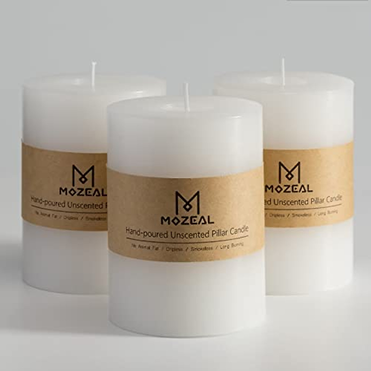 MOZEAL 3" x 4" Hand-Poured Unscented Candle,Dripless Pillar Candle Set of 3,Long Clean Burning,Approx 72 Hours Burn Time,Rustic Country Style,Wedding,Dinner,Christmas and Home Decor,White