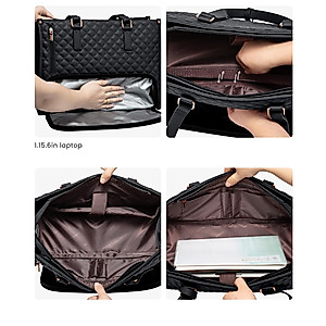 LOVEVOOK Lunch Tote Bag for Women, 15.6 Inch Laptop Bag with Insulated Lunch Compartment, Quilted Large Capacity Computer Handbag with Purse for Business, Work, Nurse, Office, Collage, Casual, Black