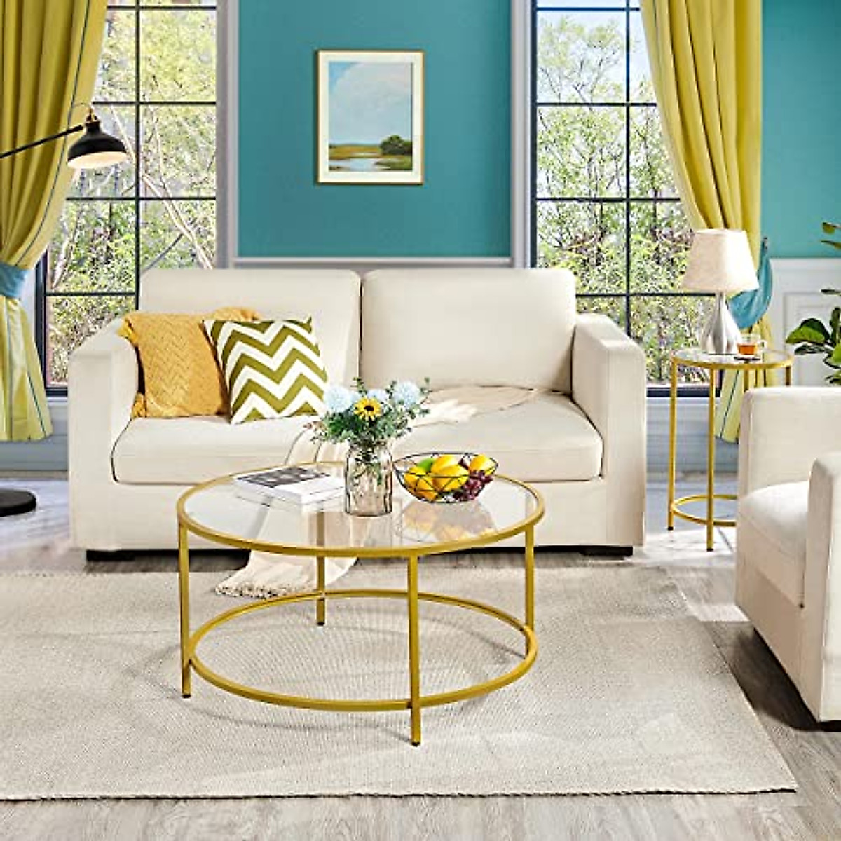 Yaheetech 36in Round Glass-Top Coffee Table,Mustard Gold Modern Accent Side Round Coffee Table w/Protective Foot Pads, Metal Structure Glass Coffee Table for Living Room,Dining, Apartment,Small Space