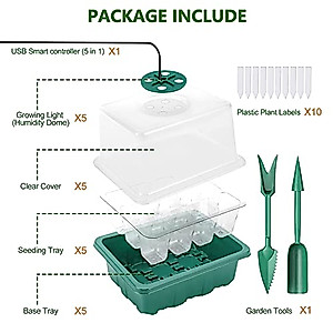 CANNABMALL Seed Starter Tray 5 Packs Seedling Starter Trays with Grow Light 8 LEDs, Timer, Dimmable, Seed Starting Trays Kit with Humidity Dome (60 Cells) Indoor Gardening Plant Germination Trays