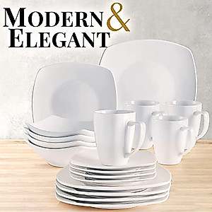 Zulay (16 Piece) Square Dinnerware Sets -Premium Quality Porcelain Plates Set & Dishes Set - Service For 4 Dishware Sets With 4 Plates, 4 Side Plate, 4 Soup Bowl, 4 Square Mug & 2 Silver Sponges