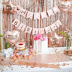 225 Pc Rose Gold Birthday Party Decorations Kit for Girls, Teens Or Women - Happy Birthday Pre-Strung Banners, Curtains,Table Runner, Balloons, Sash, Tiara, Cake Toppers, Plates, Cups, Napkins Straws for 25 Guest & Thank You Stickers