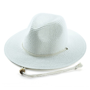 Koreshion Women Straw Panama Hat Summer Wide Brim Fedora Cap Beach Sun Hats UV UPF50+ White
