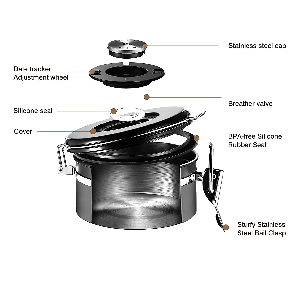 malmo Coffee Canister,Airtight Coffee Container with Date Tracker Lid, Stainless Steel Canister for Kitchen Food Storage 9oz, Black (22, Cylinder, 1, KF) (GY 9oz)