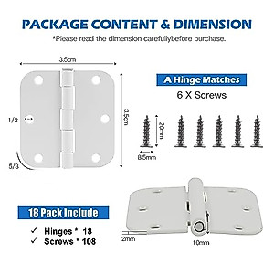 18 Pack White Door Hinges,3.5 Inch Rounded 5/8" Radius Door Hinges Interior 3 1/2 Inch Door Hinges Bifold Residential Standard Bedroom Indoor Door Hinges for Doors Home