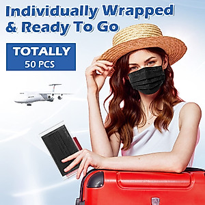 XDX Black Disposable Face Masks, 50 Pack- 4 Layer Individually Wrapped Masks for Women, Men, Unisex Adults, Breathable Black Masks for Adults