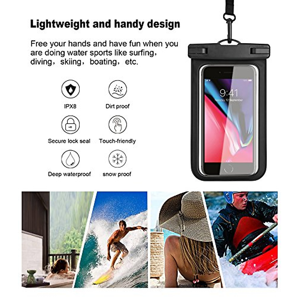 Cloudio Universal Waterproof Case, IPX8 Cell Phone Dry Bag Pouch up to 6.2" for iPhone X/8/8+/7/7+/6/6s/6s Plus, Samsung Galaxy S9/S9+/S8/S8+/ Note 8, LG Moto ZTE HTC Alcatel Google Sony BLU - Black