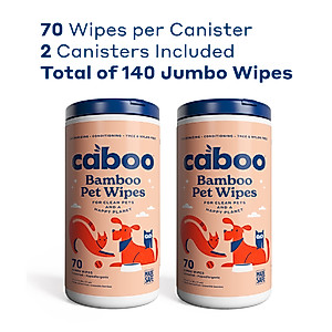 Caboo Tree Free Pet Wipes for Dogs & Cats | Natural, Earth Friendly, Deodorizing, Hypoallergenic Cleaning Wipes for Eyes, Ears, Paws, & Face (Unscented, 2 Canisters, Total of 140 Jumbo Wipes)
