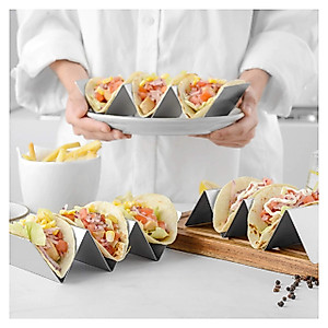 Stainless Steel Taco Stand Holder With Bamboo Tray - Set of 2 - Taco Tuesday With Four Sauce Holders and Four Spoons - Holds Up to 4-6 tacos - Stainless Steel Racks With Handles Oven & Grill Safe
