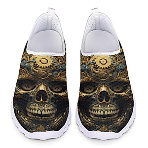 Golden Skull Sneakers Slip Resistant Print Shoes No Shoelaces Slip On Walking Travel Shoes for Women Girls No Laces Mesh Shoes Heels Work Travel Mesh Slip On Shoes Arch Support Hands Free Sneakers
