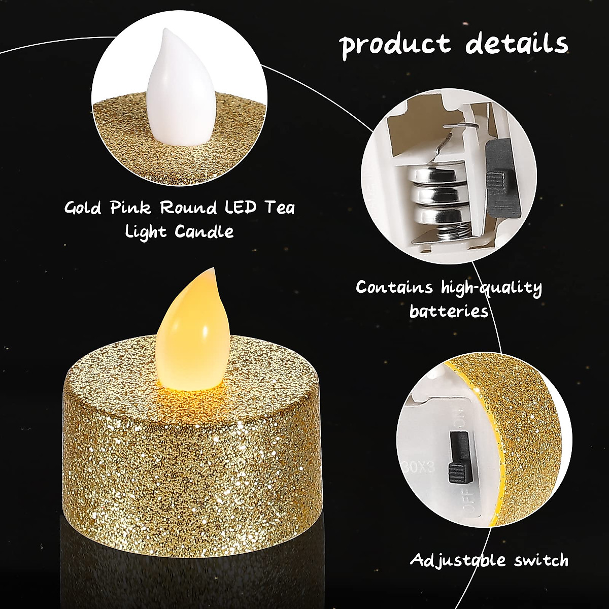 Mudder 24 Pieces Gold Tea Lights LED Candles Tealights Flameless Votive Battery Operated Tea Lights Electric Glitter Flickering Tealight for Valentines Holiday, Wedding, Festival Gift, Party Decor