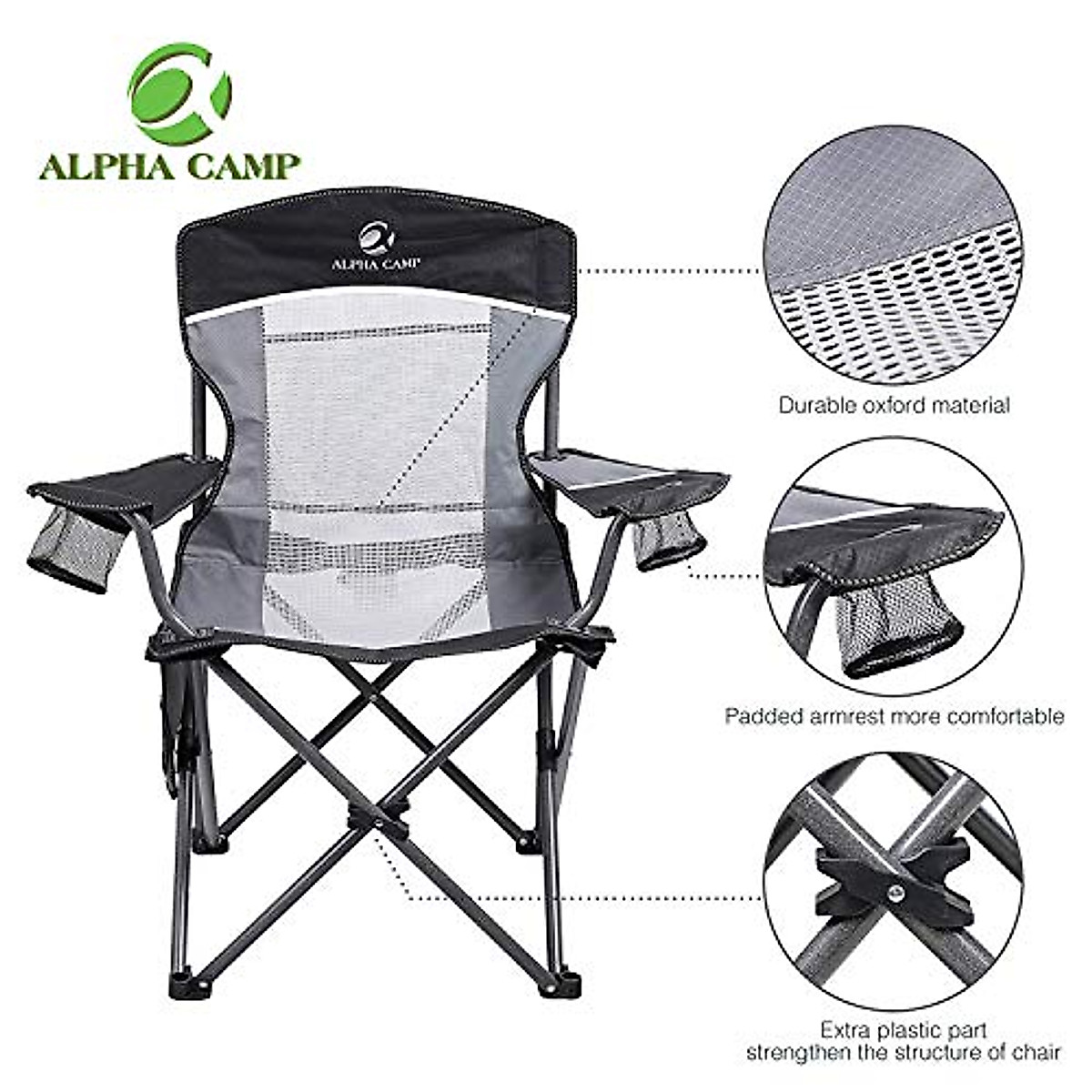 ALPHA CAMP Oversized Mesh Back Camping Folding Chair Heavy Duty Support 350 LBS Collapsible Steel Frame Quad Chair Padded Arm Chair with Cup Holder Portable for Outdoor (Black/Grey)