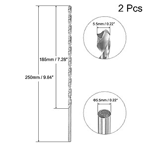 uxcell HSS(High Speed Steel) Extra Long Twist Drill Bits, 5.5mm Drill Diameter 250mm Length 2 Pcs