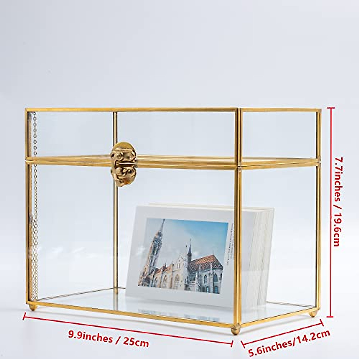 NCYP Gold Glass Card Box with Lid for Wedding Reception (9.9x5.6x7.7 Inches) Handmade Rectangle Decorative Storage Box for Party Wishwell Keepsake, Vintage Terrarium (Glass Box Only) (No Slot)
