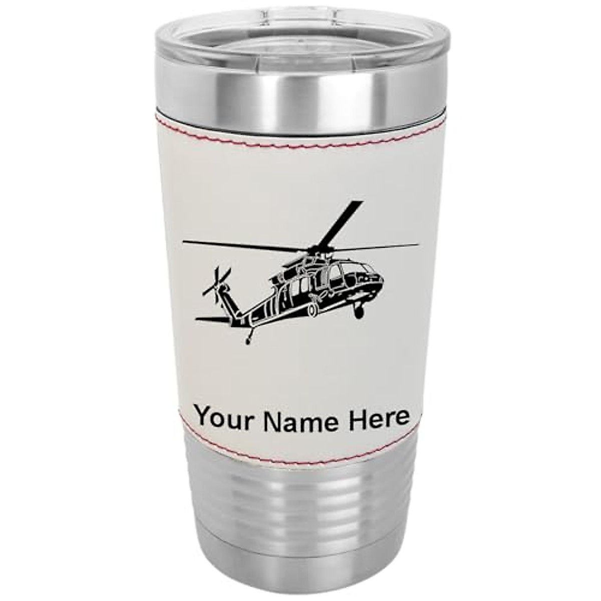 LaserGram 20oz Vacuum Insulated Tumbler Mug, Military Helicopter 1, Personalized Engraving Included (Faux Leather, Baseball Style)