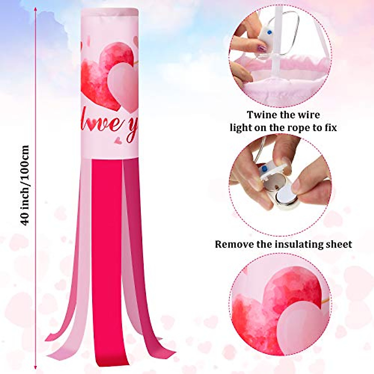 2 Pieces Happy Valentine's Day Windsock Polyester Garden Windsock Heart Pattern Windsock Flag Outdoor Hanging Decorative Windsocks for Valentine's Day Front Yard Patio Lawn Garden (Sweet Style)