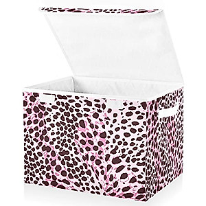 Kigai Pink Sexy Cute Leopard Storage Bin, Storage Baskets with Lids Large Organizer Collapsible Storage Bins Cube for Bedroom, Shelves, Closet, Home, Office 16.5 X 12.6 X 11.8 Inch