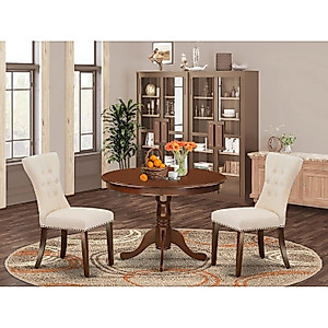 East West Furniture HLGA3-MAH-32 3 Piece Dining Room Table Set Contains a Round Dining Table with Pedestal and 2 Light Beige Linen Fabric Upholstered Chairs, 42x42 Inch, Mahogany
