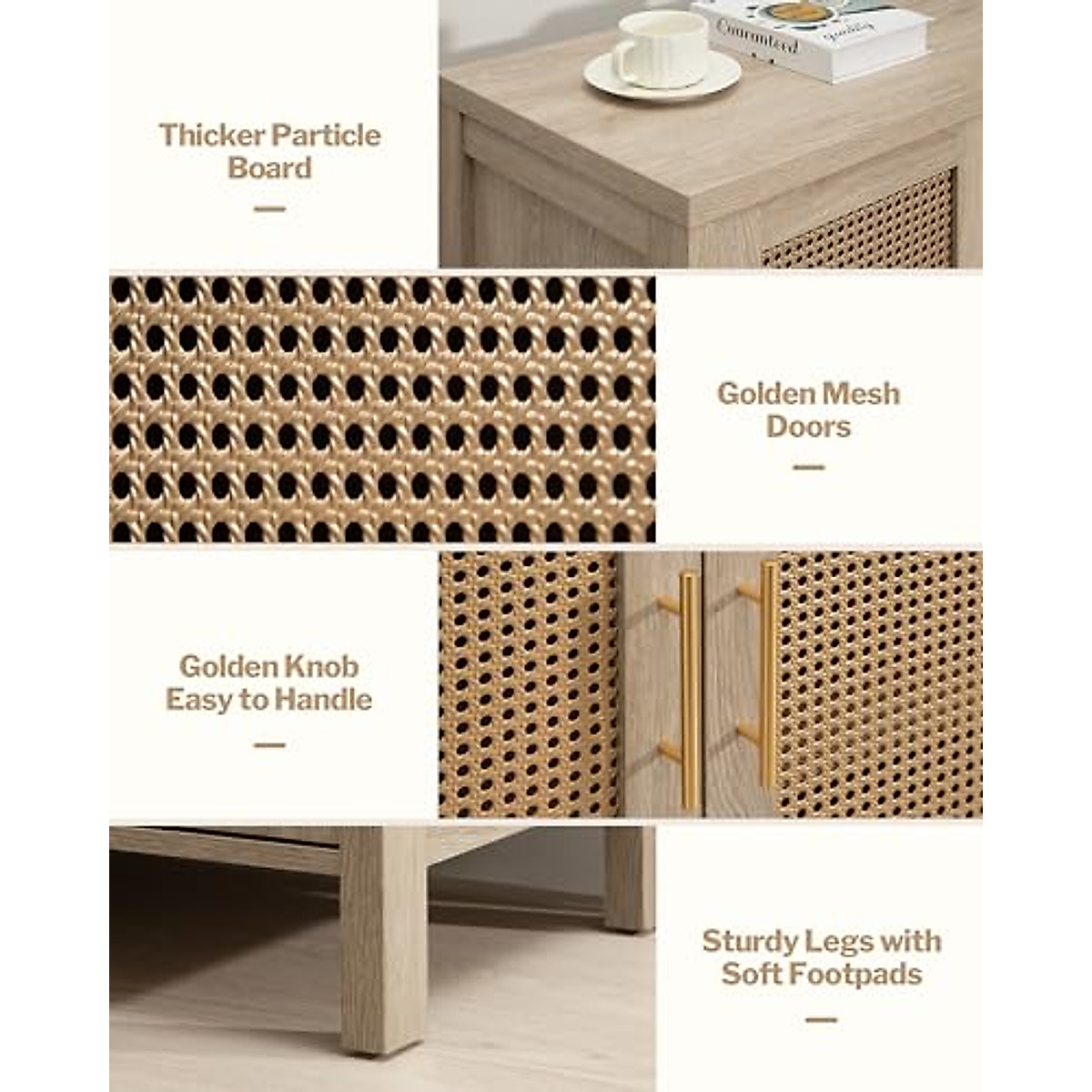 SICOTAS Sideboard Buffet Credenza Cabinet - 2 Pieces Farmhouse Coffee Bar Cabinets with Gold Mesh Doors and Storage - Industrial Accent Liquor Cabinet for Kitchen Living Room Hallway (Light Oak)