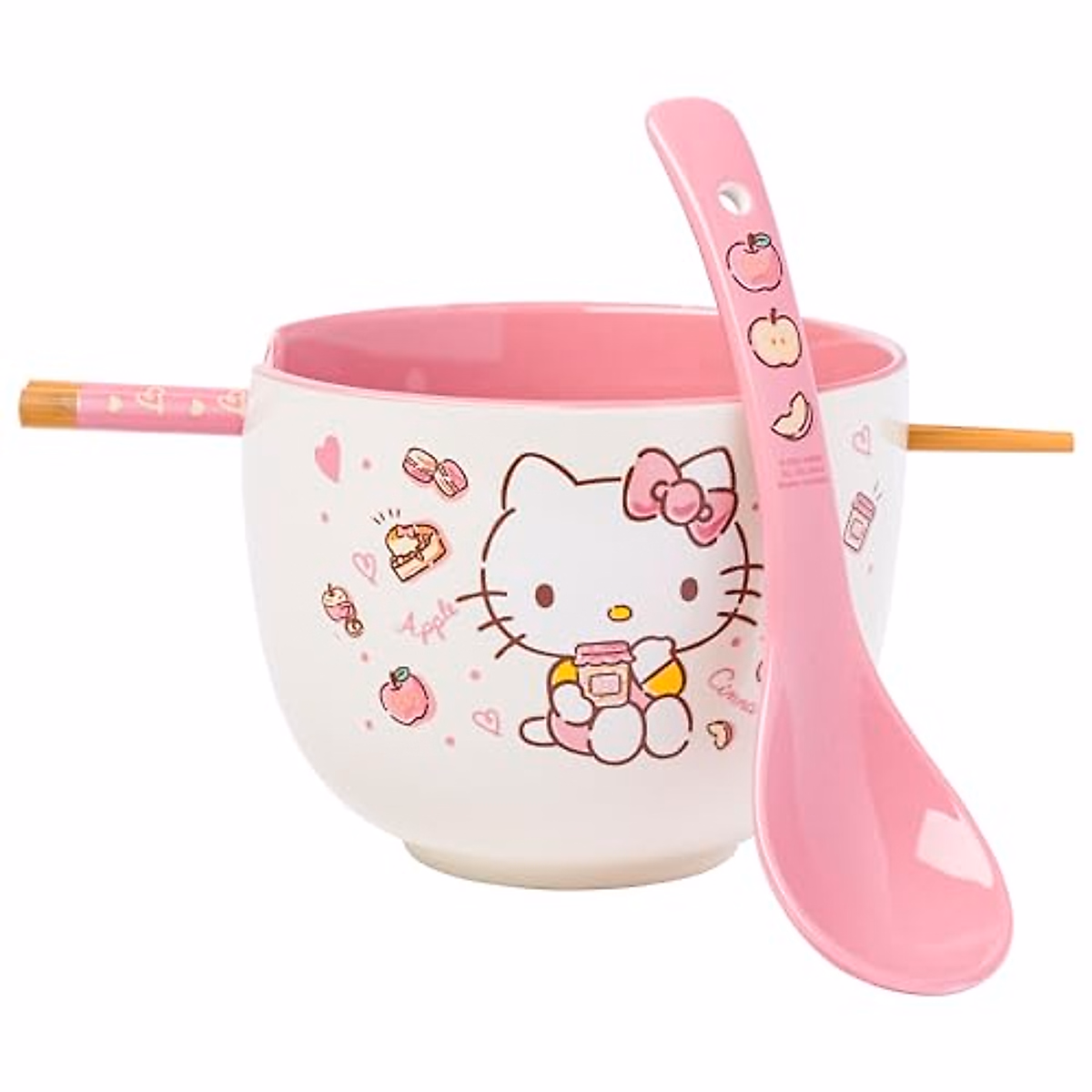 Silver Buffalo Sanrio Hello Kitty Apples and Cinnamon Ceramic Ramen Noodle Rice Bowl with Chopsticks and Spoon, Microwave Safe, 20 Ounces