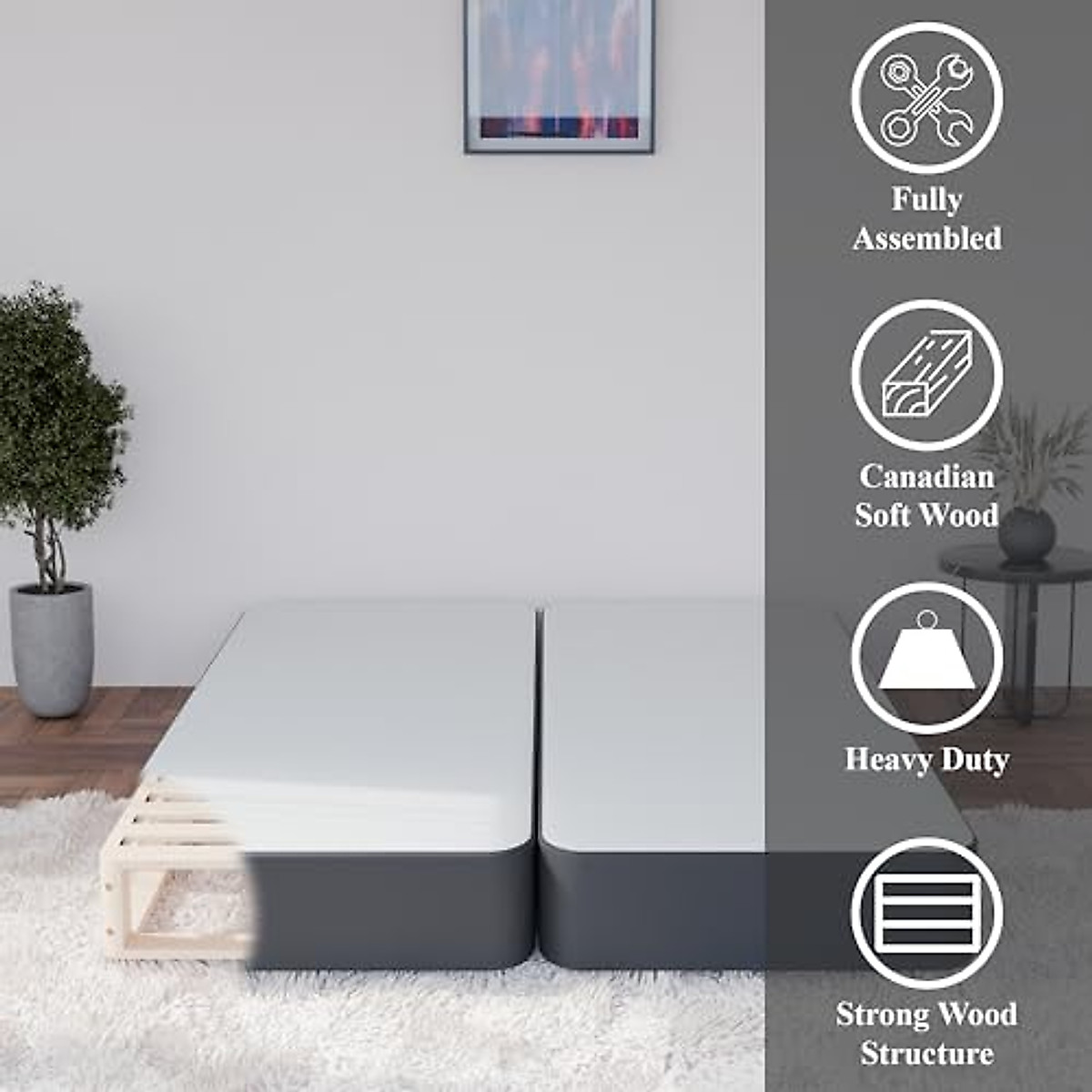 Greaton, 8-Inch Sturdy Box Spring for Mattress Support-Durable and Fully Assembled, Natural Wood Foundation for Full XL, Black