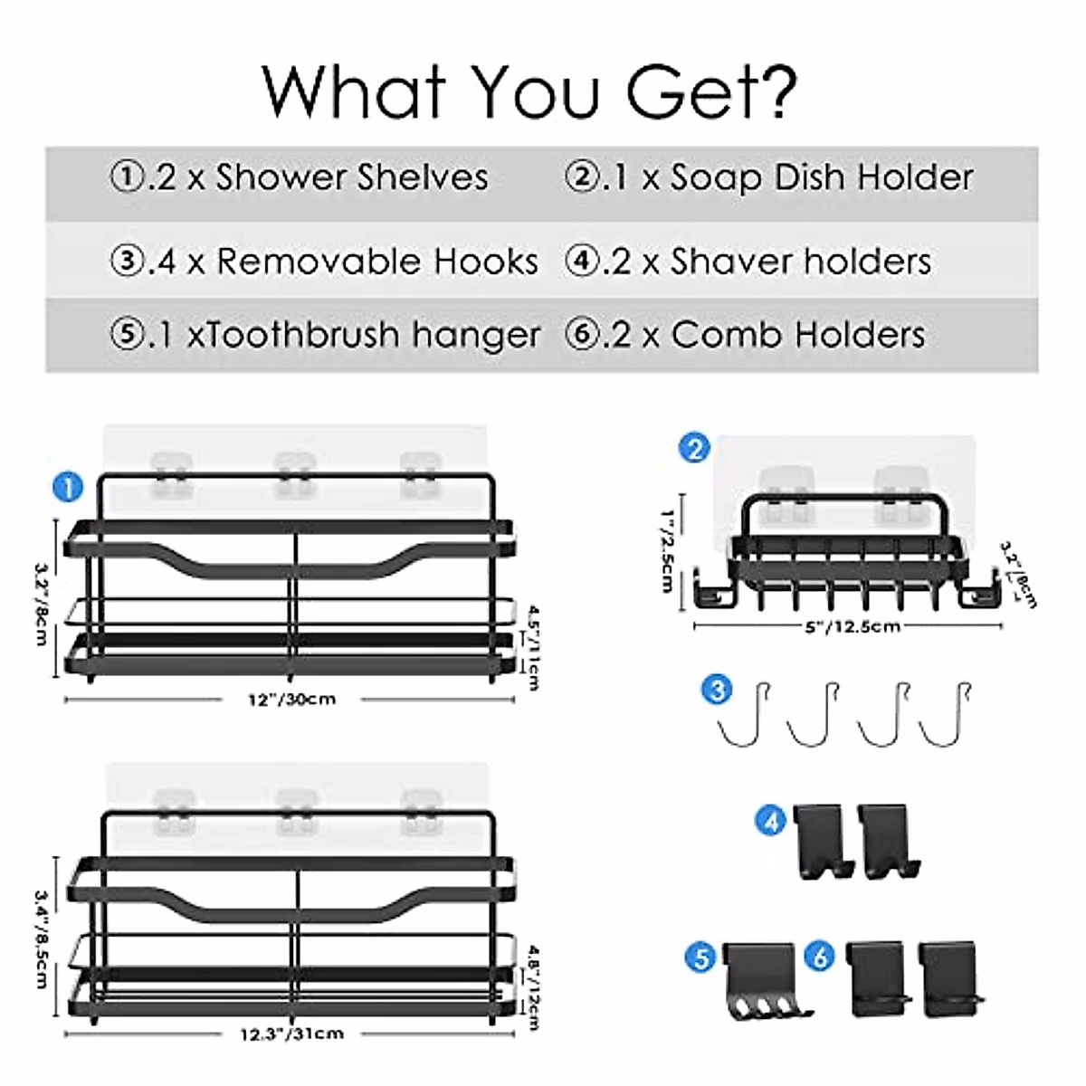 PIMVANS Shower Caddy, Adhesive Improved Shower Shelves [9 detachable shower accessories,Soap Dish], Stainless Steel Bathroom Organizer, Shower Rack for Inside Shower, Shower Storage, Black (BLACK)