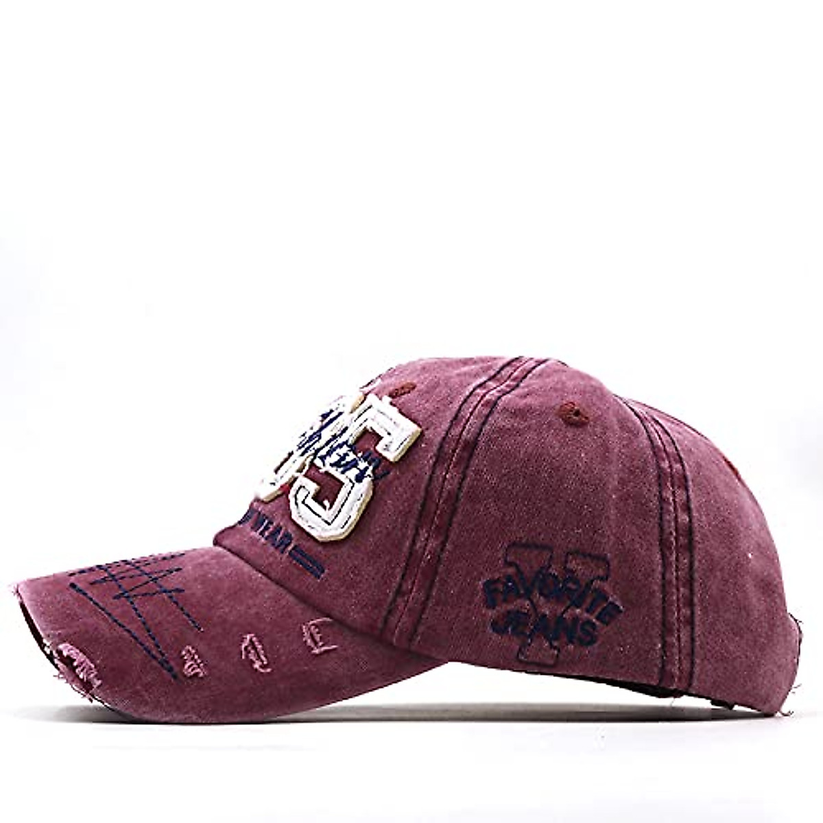 Washed Baseball Cap for Men Women Adjustable Distressed Denim Hat Dad Hat Trucker Hat (Red Wine), 6 3/4-7 1/2