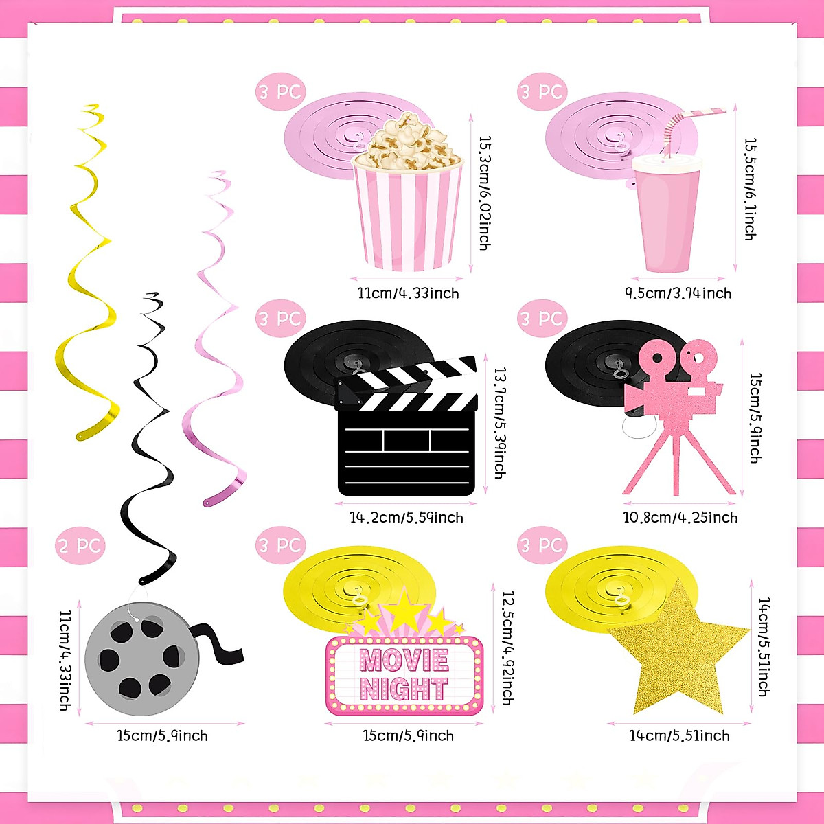 K KUMEED Movie Night Party Decorations,Pink Movie Theme Hanging Swirl Decorations,Cute Popcorn Foil Swirls Ceiling for Baby Shower Birthday Party Film Party Supplies Family Party Girls Boys