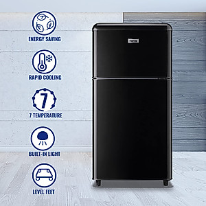 WANAI Mini Fridge Dual Door Refrigerator with Freezer, Compact Refrigerator with Adjustable Temperature & Removable Glass Shelves, Fridge for Apartment/Dorm/Office/Kitchen, Energy Saving, BLACK
