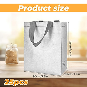ISUSSER 25 Pack Silver Reusable Gift Bags Metallic Tote with Handles Bling Non Woven Bags for Shopping Birthday Party Wedding, 7.9 x 3.9 x 9.8 Inch