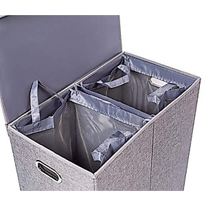 BIRDROCK HOME Premium 2 Section Linen Collapsible Laundry Hamper with 4 Load Capacity | Removable Mesh Bags, Magnetic Lid and Sturdy MDF Board | Stylish Dual Compartment Clothes Hamper | Grey