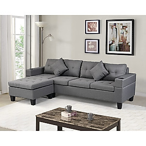 Tiophome Sectional Sofa Set for Living Room with L Shape Lounge, Cup Holder and Left or Right Hand Chaise Modern 4 Seat-Gray Linen Fabric