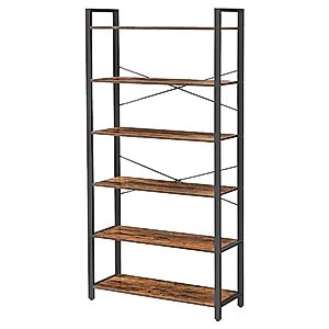 Fancial 6-Tier Tall Bookshelf, Large Bookcase with Steel Frame, Deep Book Shelf for Living Room, Home Office, Study, 11.8 x 31.5 x 73.2 Inches, Industrial Style, Rustic Brown and Black