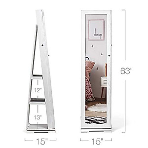 TWING 360° Rotating Jewelry Armoire with Mirror, Full Length Mirror Jewelry Cabinet Standing, Inside Mirror with Jewelry Storage, Rear Storage Shelves, Soft Velvet Interior,Girl Gift (Marble White)