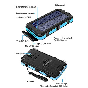 Power-Bank-Portable-Solar-Charger-30000mAh Battery Pack with Emergency LED Flashlight & 2x2.1A USB-A Output Ports Compatible with iPhone 14/13 Series, Samsung, and More, Perfect for Hiking, Camping