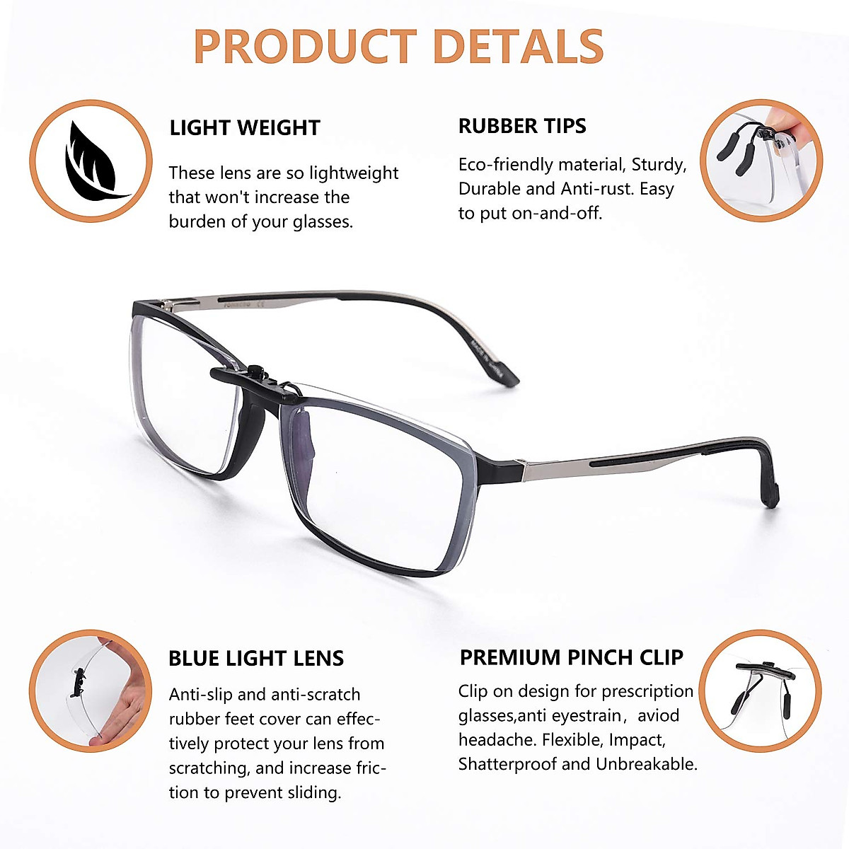 FONHCOO Clip-on Blue Light Blocking Glasses Night Driving Sunglasses 2 Pack Lens over Prescription Glasses for Women Men (2 Pack Transparent Blue Light Blocking Lens)