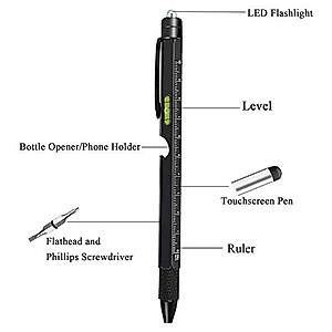 2Pcs Multi Tool Pen, Tirmrin Unique Gifts for Men, LED Light, Stylus, Ruler, Ballpoint Pen, Level, Bottle Opener, Screwdriver, Christmas, Valentines, Father's Day Cool Gadget for Him (Black)